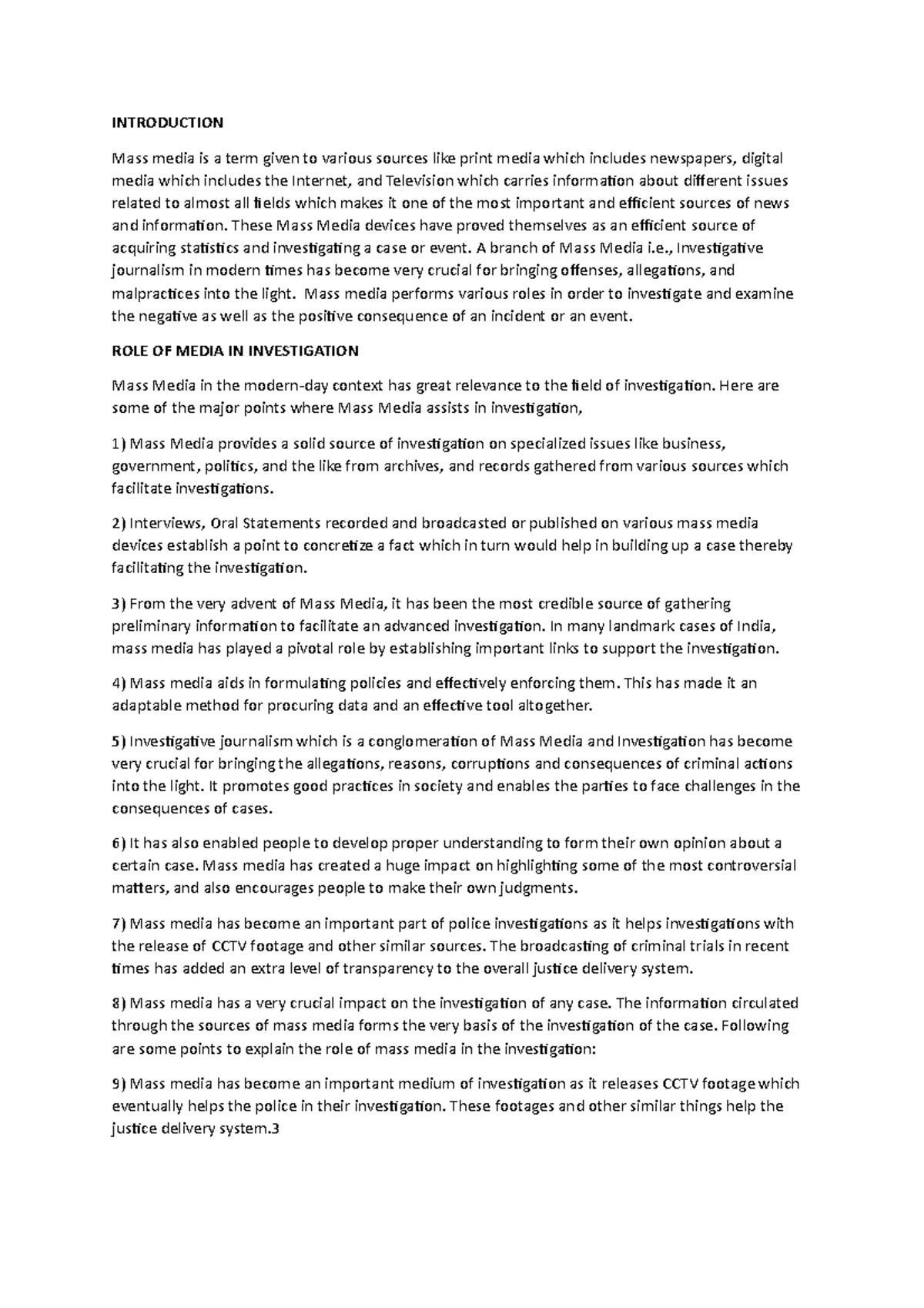 Introduction - role of media - INTRODUCTION Mass media is a term given ...