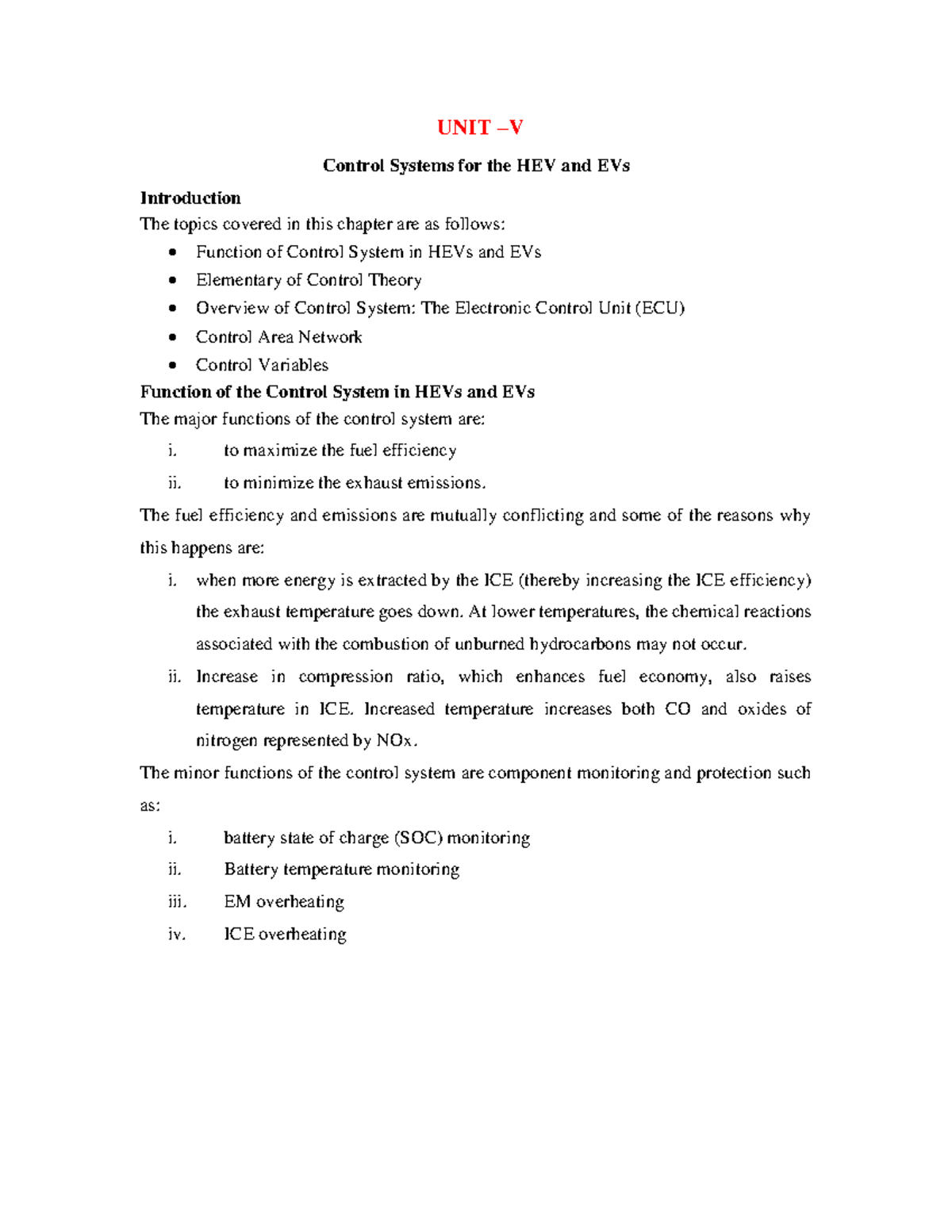 HEV Lecture notes Unit 5 - UNIT – V Control Systems for the HEV and EVs ...