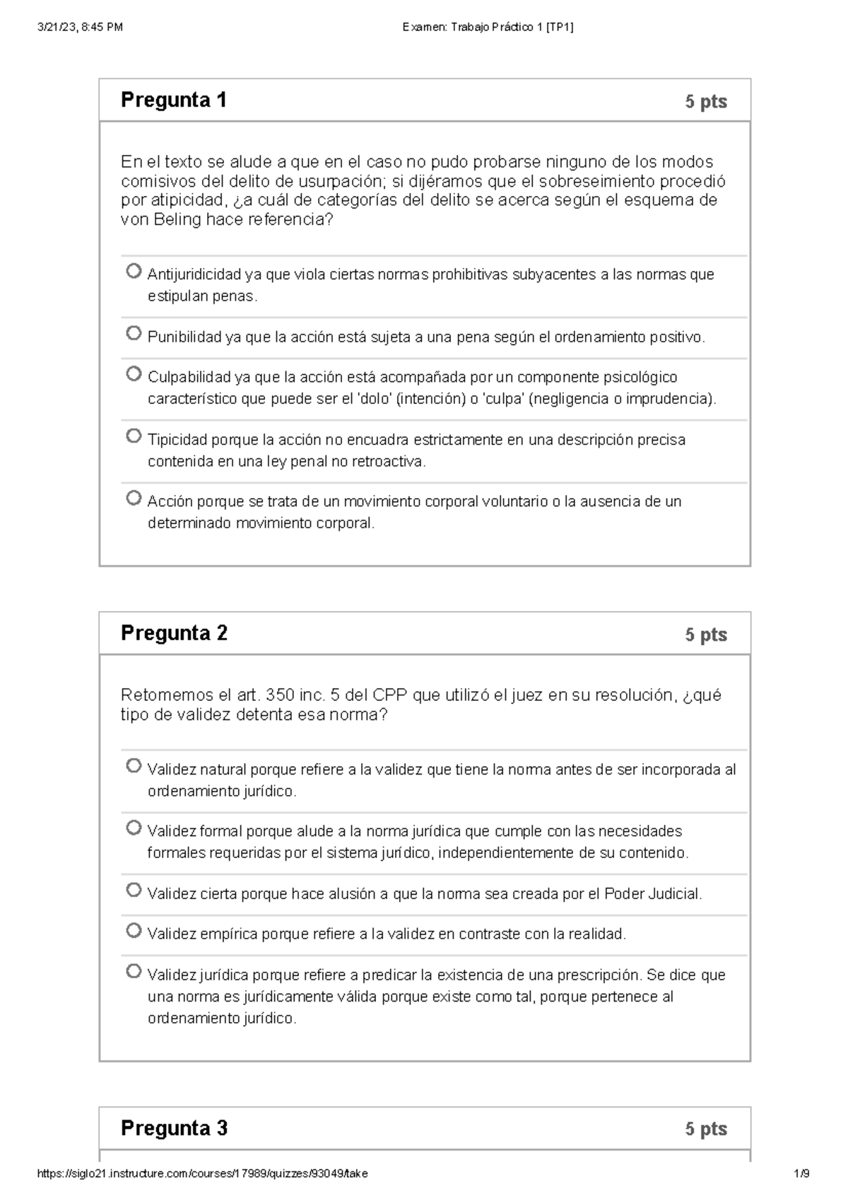 Trabajo Práctico 1 [TP1] 90% - Pregunta 1 5 pts Antijuridicidad ya que viola ciertas normas ...