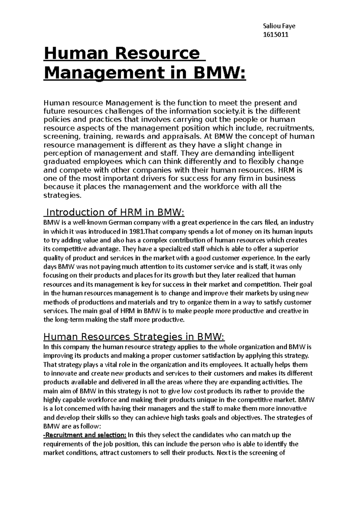 Human Resource Management in BMW - Saliou Faye 1615011 Human Resource ...