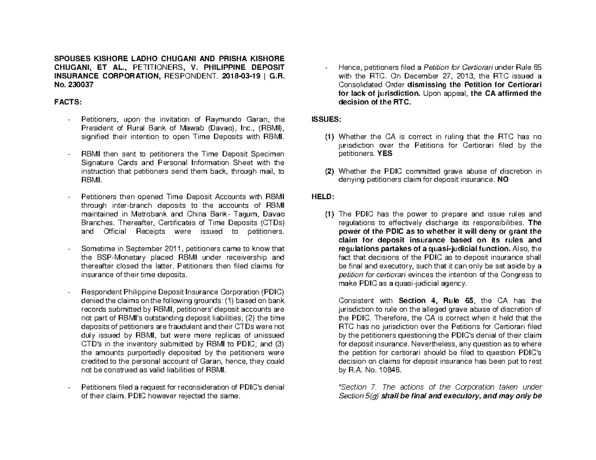 Pdfcoffee - SPCL - SPOUSES KISHORE LADHO CHUGANI AND PRISHA KISHORE CHUGANI, ET AL., PETITIONERS ...