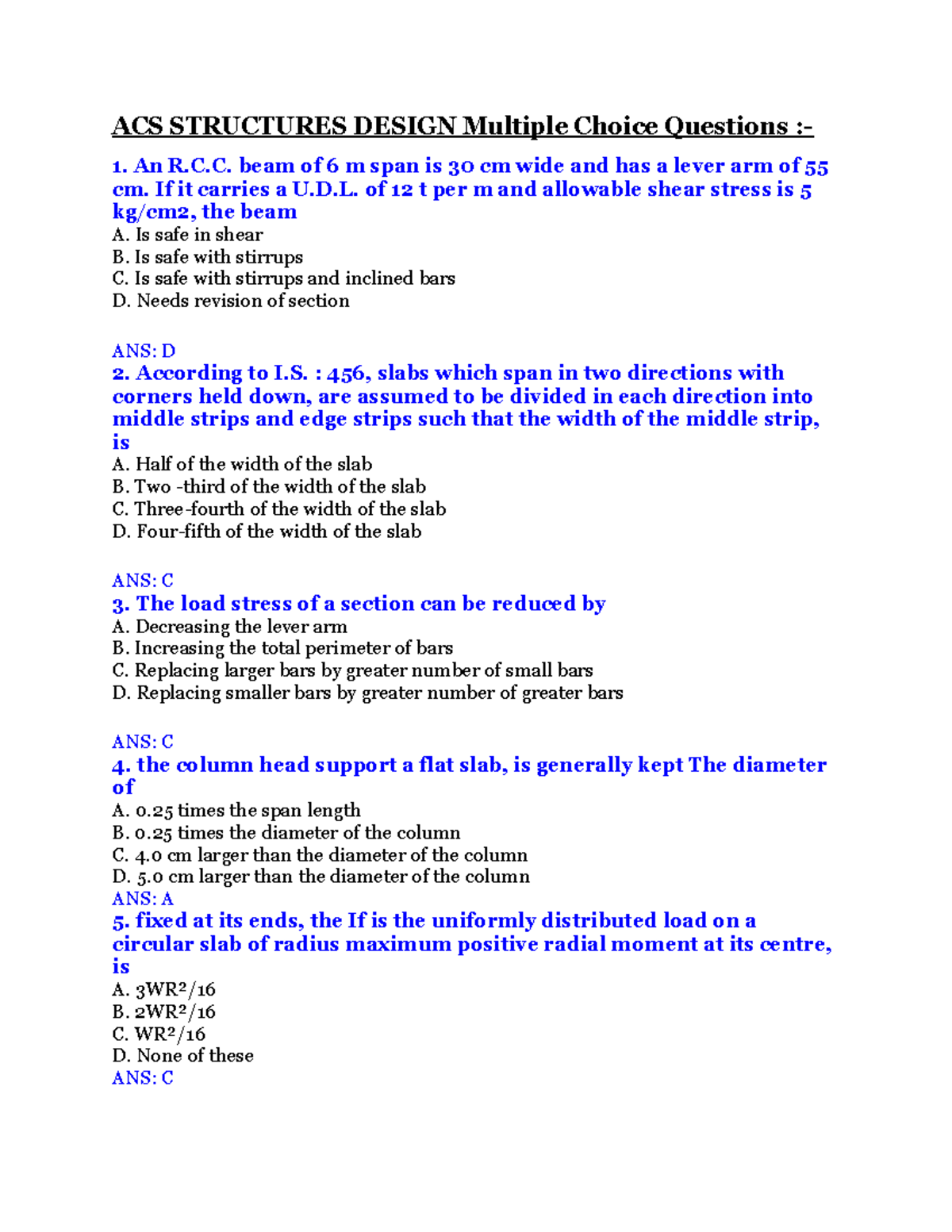 ACS MCQs - Lecture notes 9 - ACS STRUCTURES DESIGN Multiple Choice ...