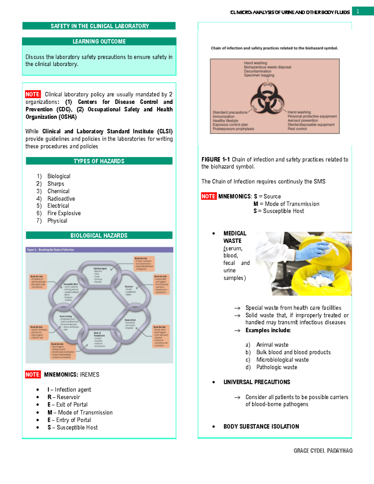 AUB. Safety IN CL - SAFETY IN THE CLINICAL LABORATORY LEARNING OUTCOME ...