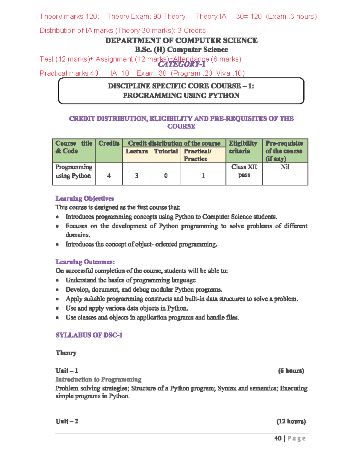 Syllabus Python Sem 1 Cs Hons Ugcf Bschcomputer Science Theory Marks 120 Theory Exam