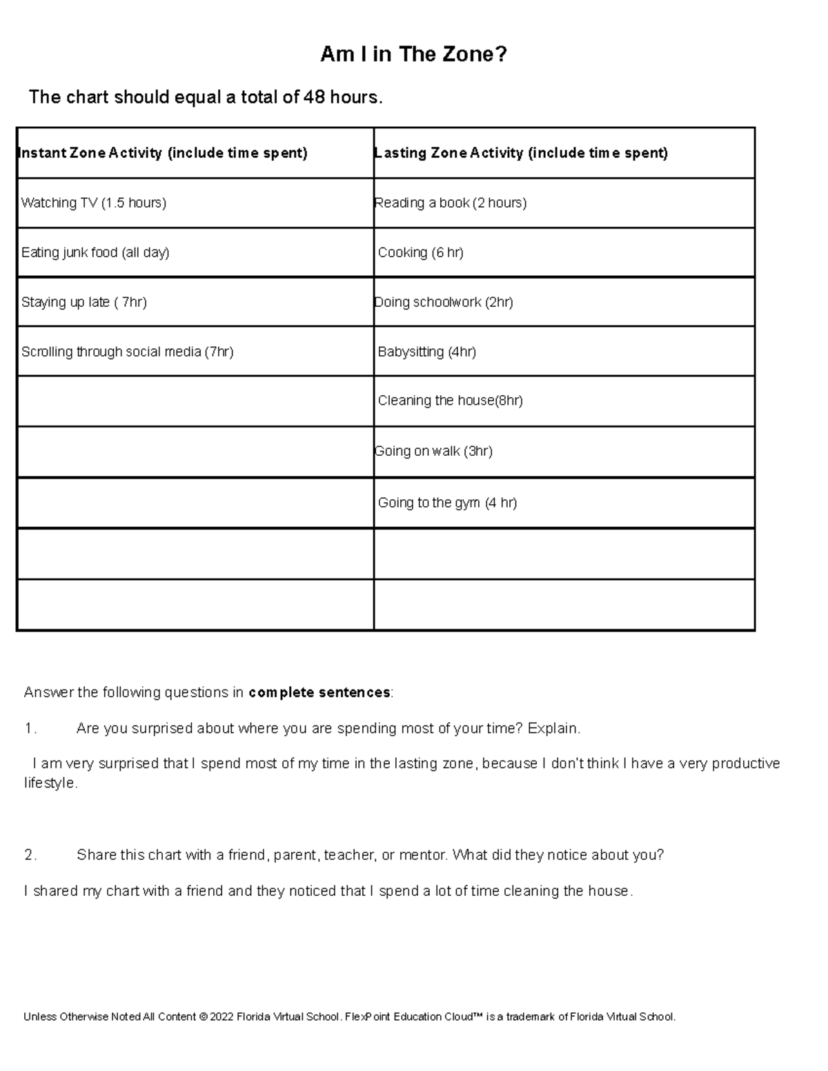 Am I in the zone? - Am I in The Zone? The chart should equal a total of ...
