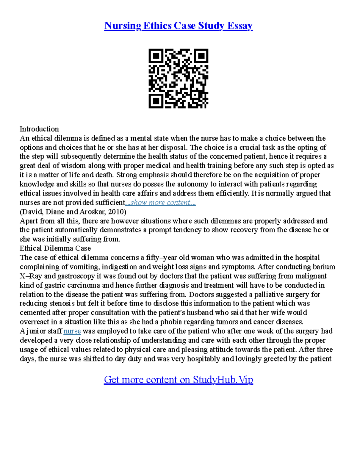 Nursing Essay Topics - Nursing Ethics Case Study Essay Introduction An ethical dilemma is ...