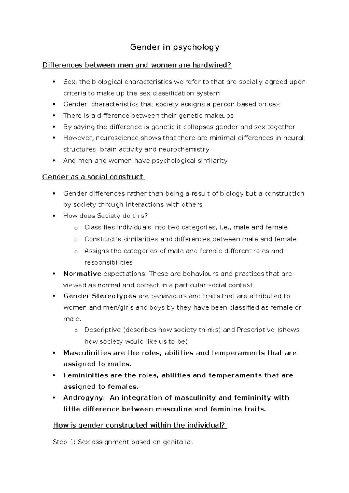 Gender in psychology - Lecture notes 1 - Gender in psychology ...