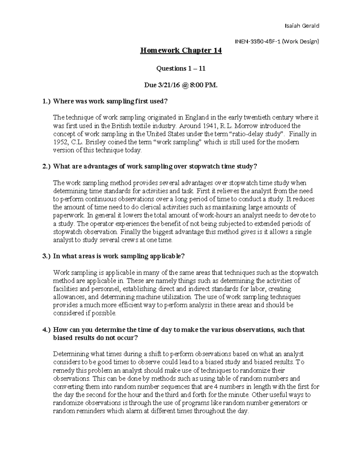 Chapter 14 Homework - Detailed answers to questions based around work design. - Isaiah Gerald ...