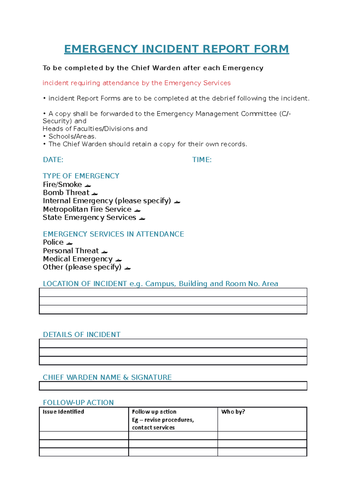Incident report form - EMERGENCY INCIDENT REPORT FORM To be completed ...