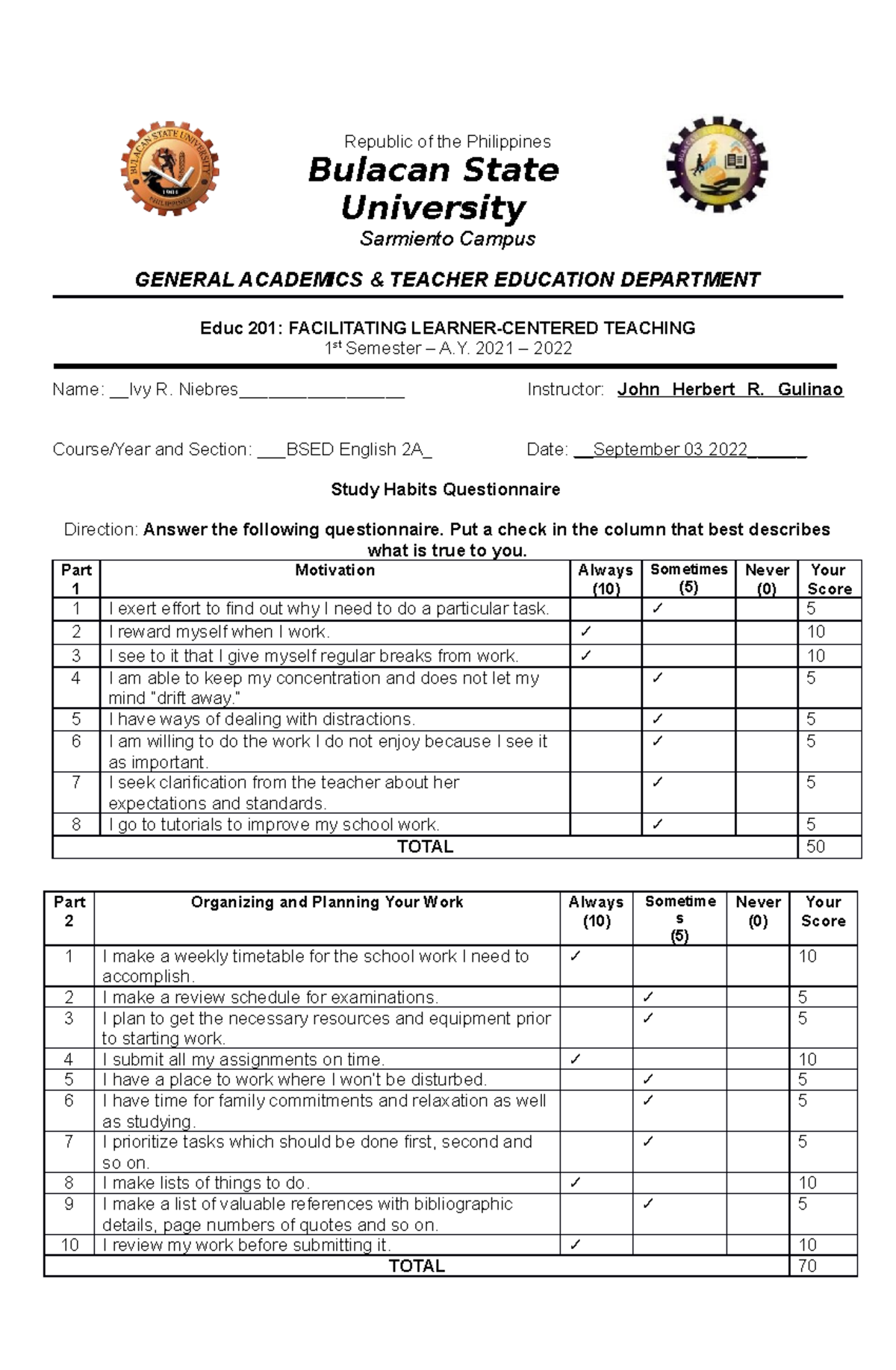 Niebres, Ivy R (Study Habits Questionnaire) - Republic of the ...