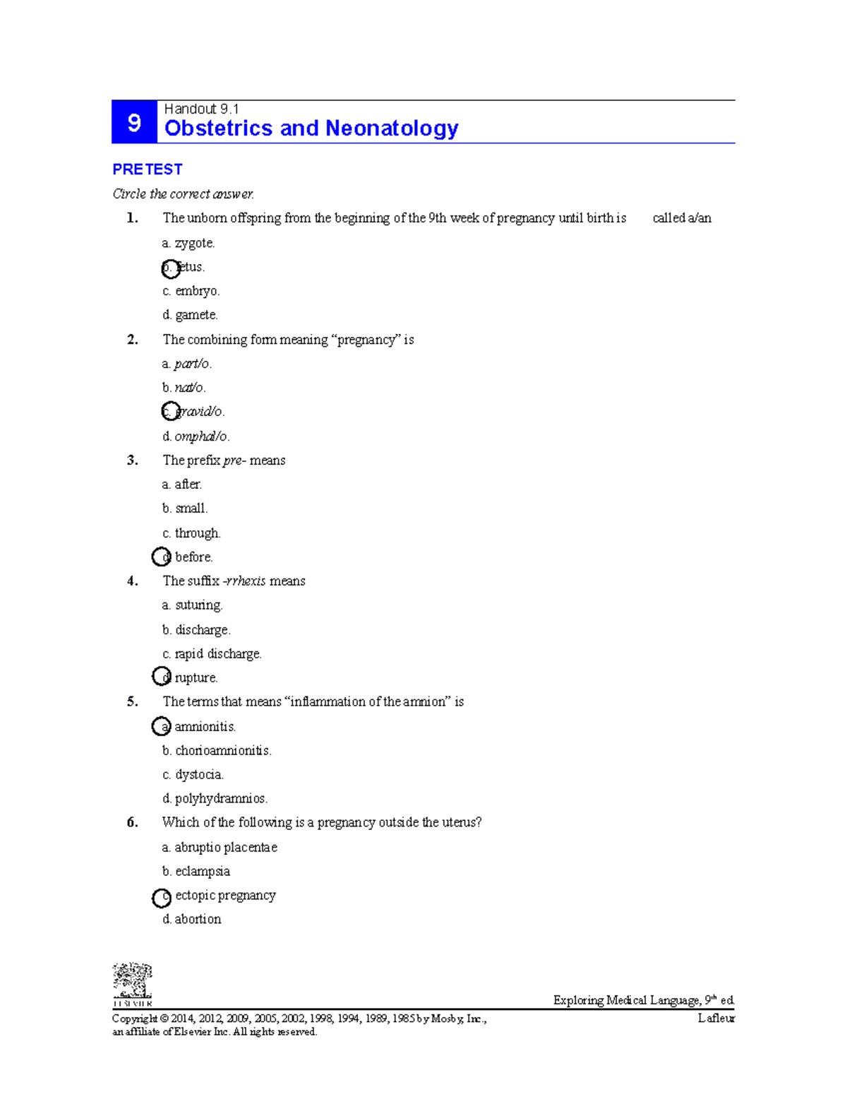 Chapter 009 HPRS1206 - 9 Handout 9. Obstetrics and Neonatology PRETEST ...