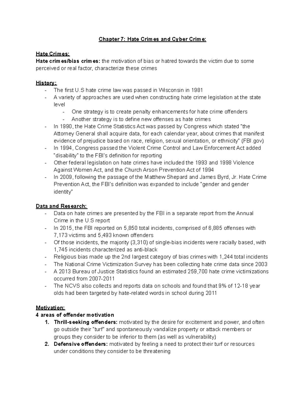 Victims Chapter 7 1 2 - Class Notes - Chapter 7: Hate Crimes and Cyber ...