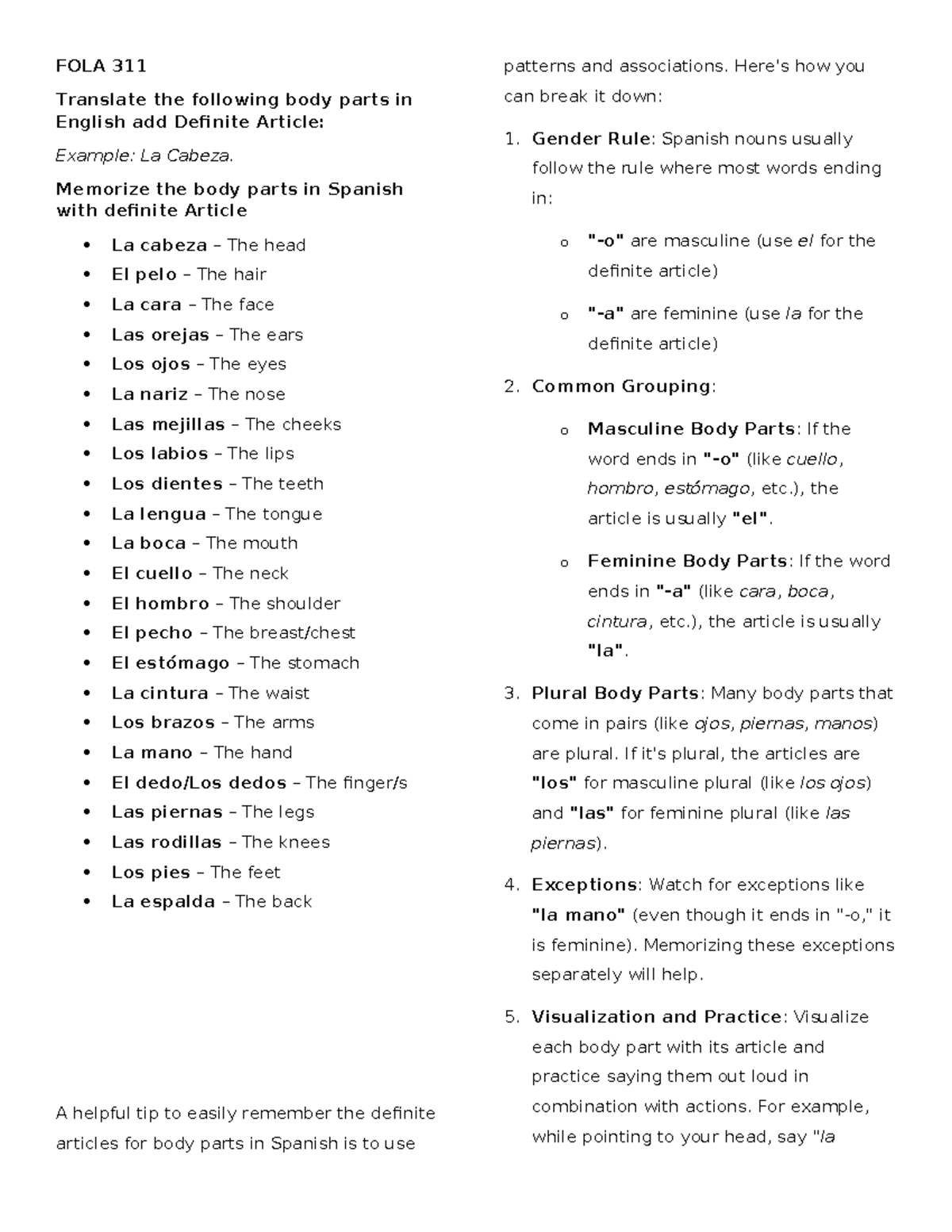 FOLA 311 - SPANISH FOREIGN LANGUAGE 311 - Body Parts & Definite Article ...