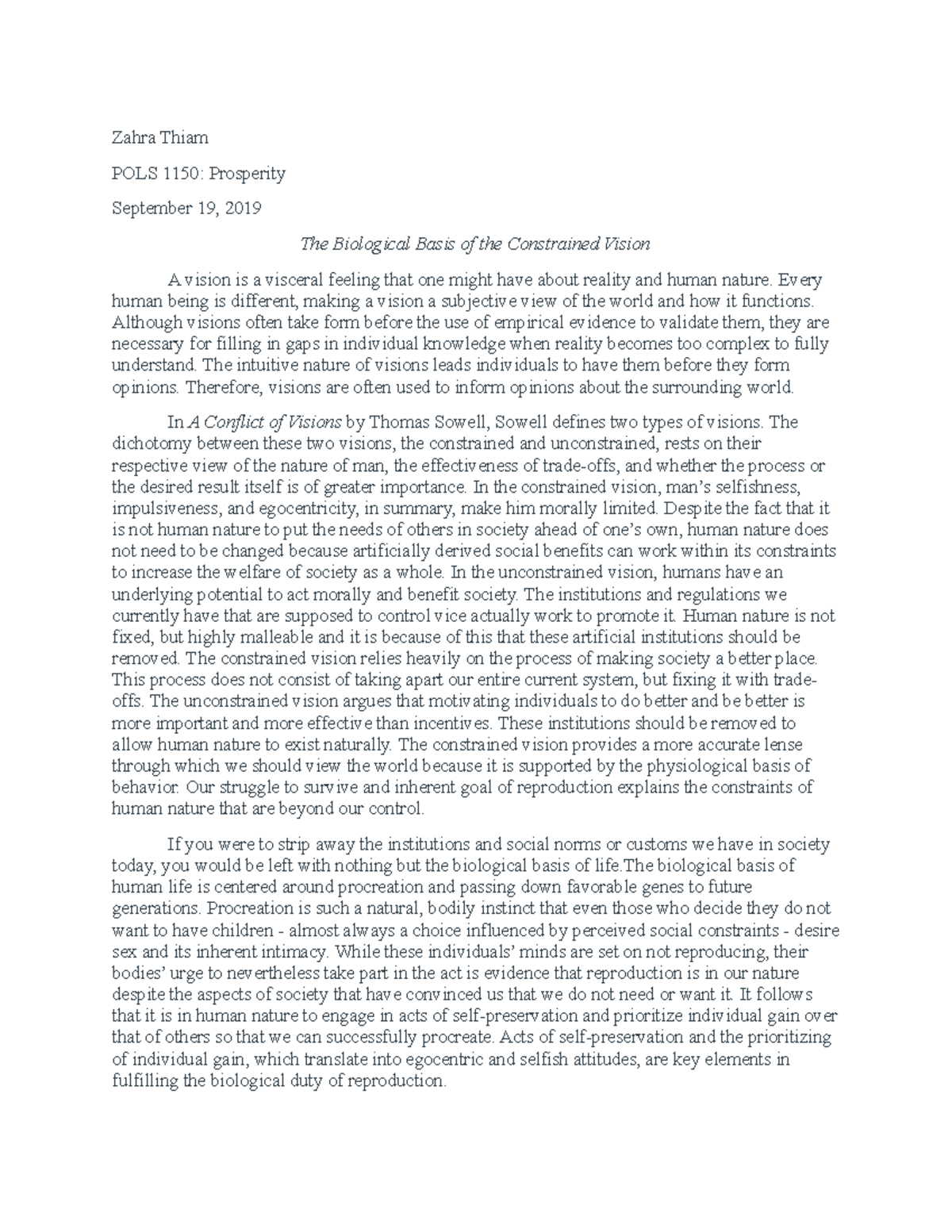 Constrained Vision Essay - Zahra Thiam POLS 1150: Prosperity September ...