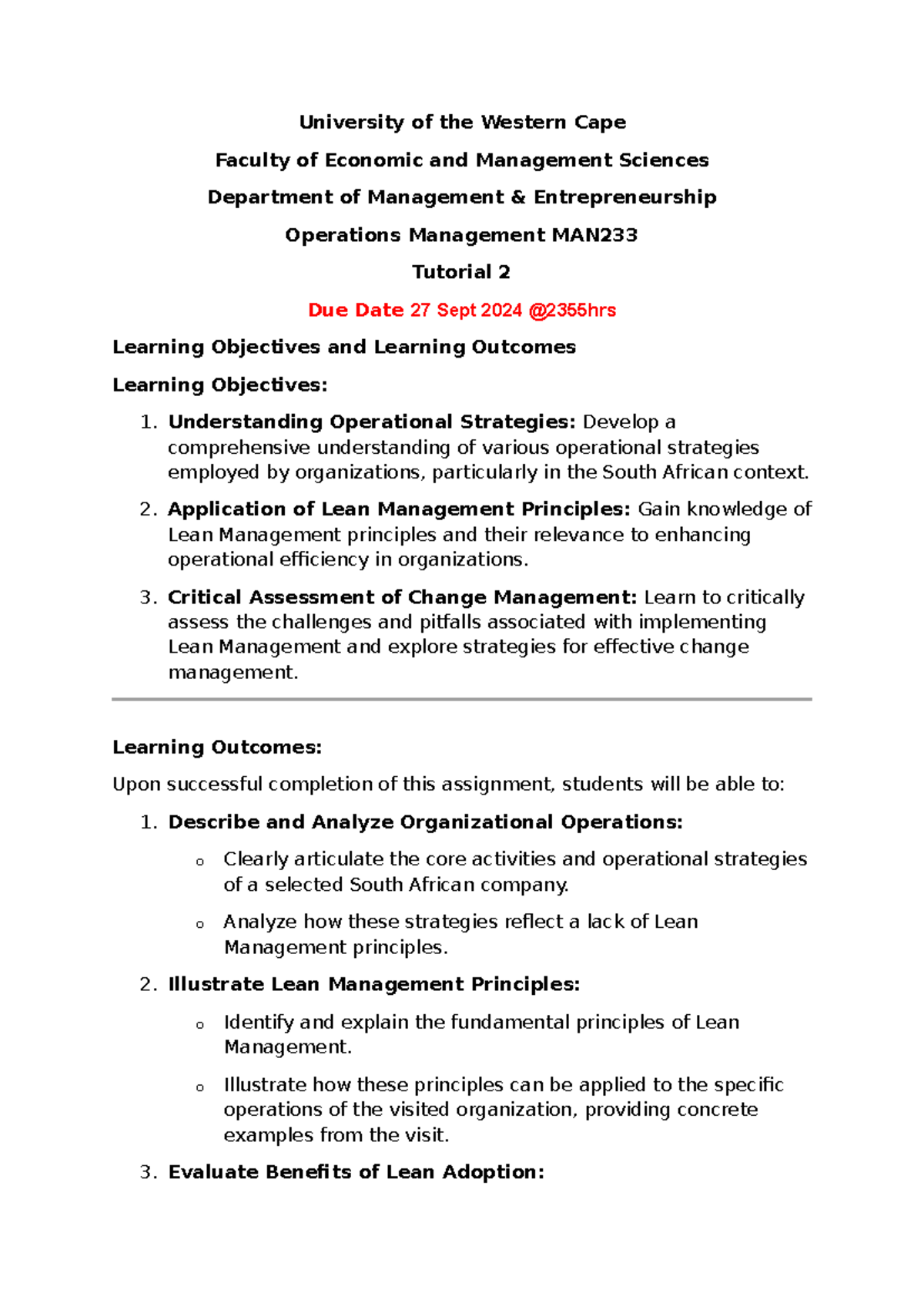 Man 233 Tutorial 2 Task Sheet Class of 2024 - University of the Western ...