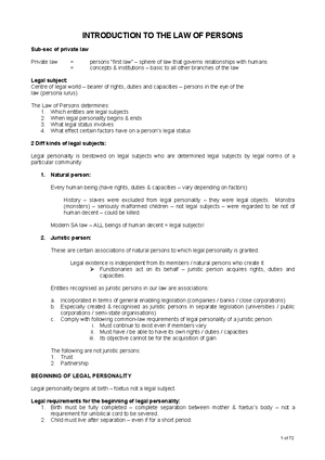 Law of Person summarized notes - Law of Persons Notes – Semester 1 2016 ...