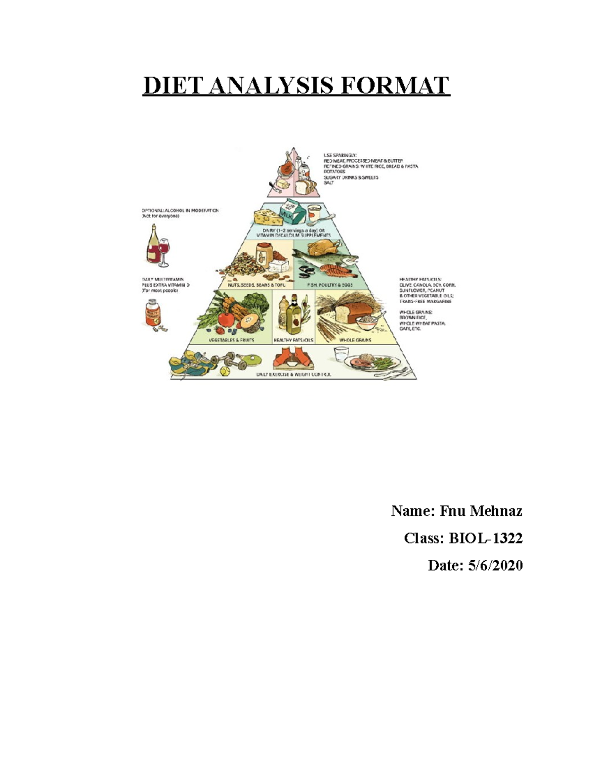 Diet analysis Format - DIET ANALYSIS FORMAT Name: Fnu Mehnaz Class ...