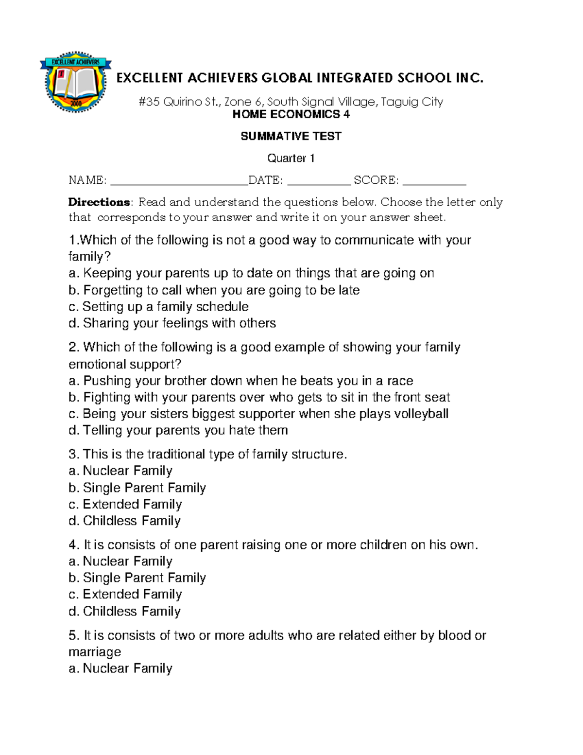 HELE 4 First Summative - this file can help your students to assess ...