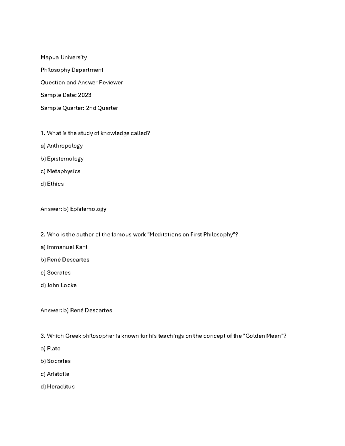 Philosphy Reviewer - Assignment - Mapua University Philosophy ...