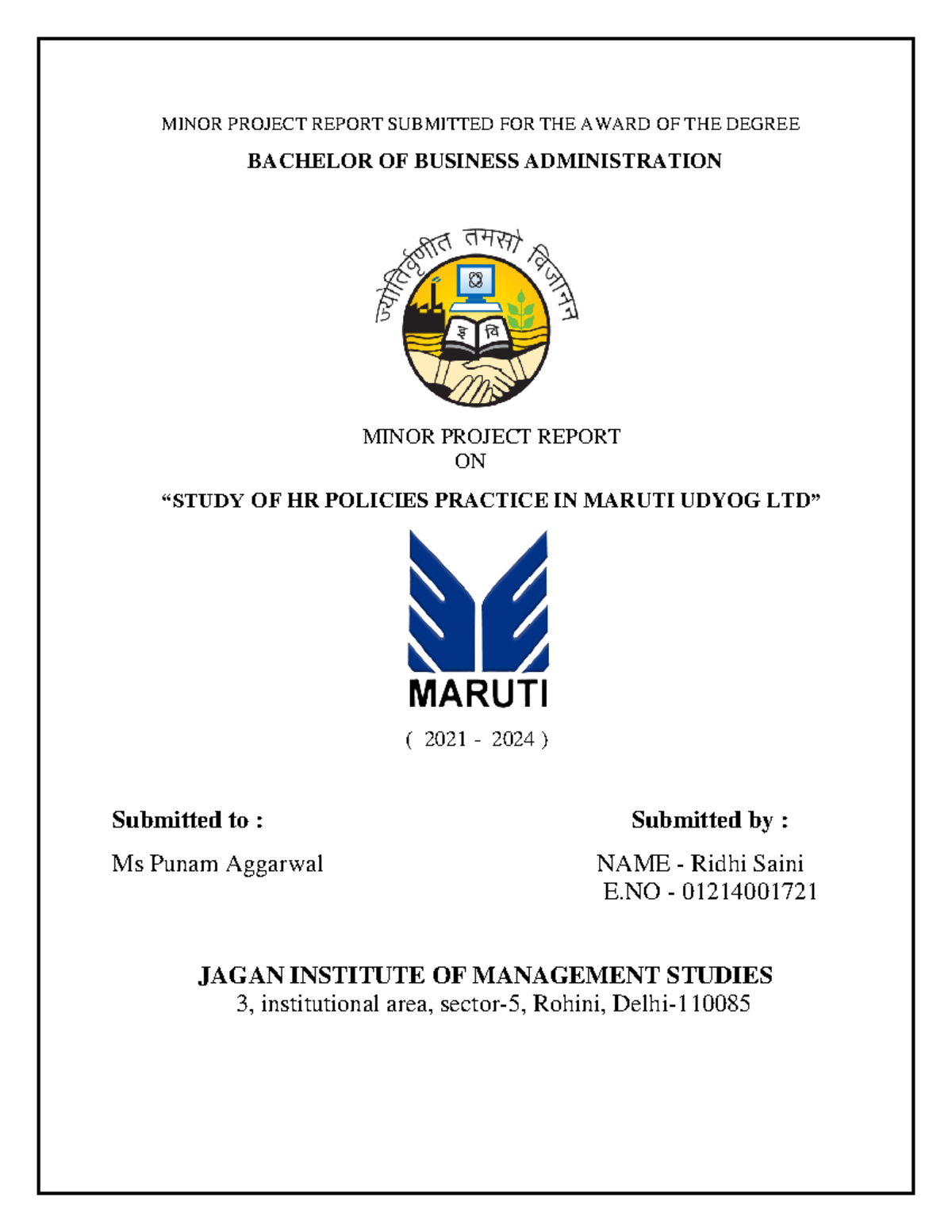 Minor project 1 - MINOR PROJECT REPORT SUBMITTED FOR THE AWARD OF THE ...