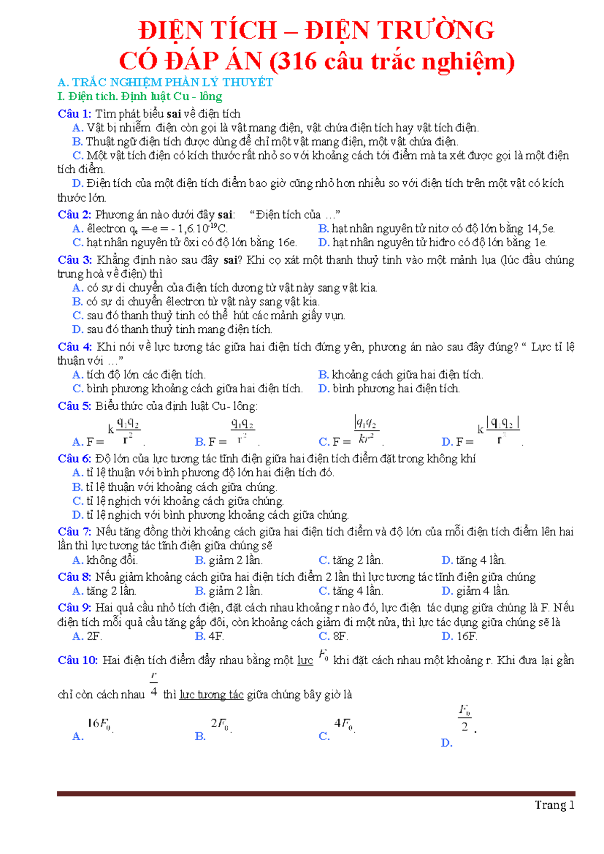 ÔN TẬP ĐIỆN TRƯỜNG 11 MỚI - ĐIỆN TÍCH – ĐIỆN TRƯỜNG CÓ ĐÁP ÁN (316 câu ...