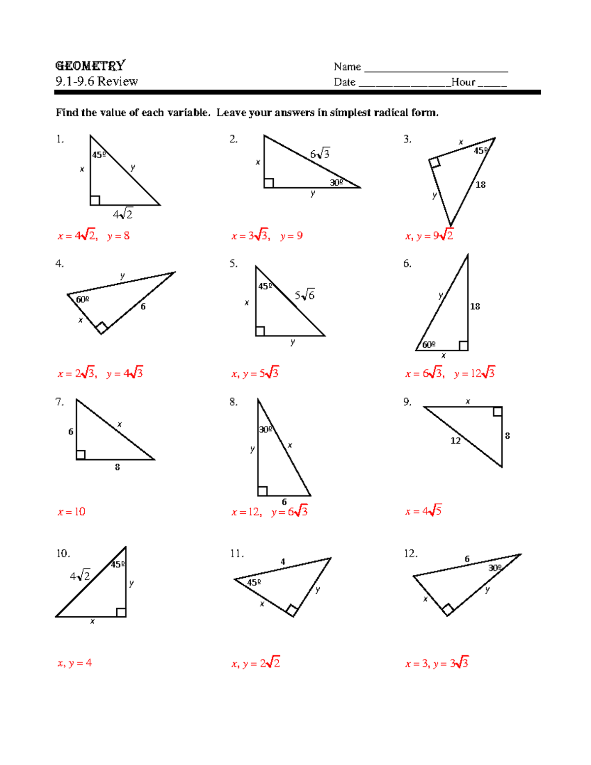 9.1-9.6 Quiz Review Key - Geometry Name 9.1-9 Review Date ...