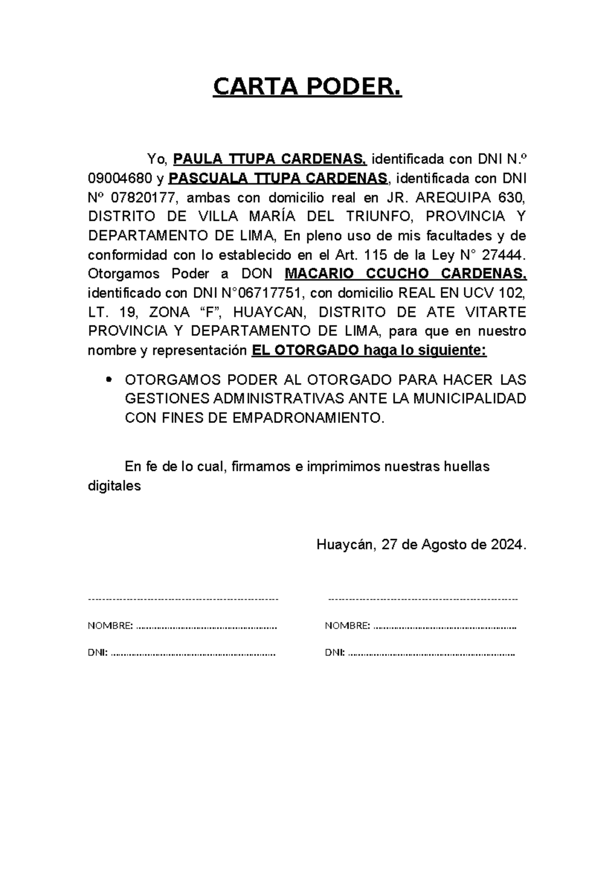 Carta Poder- Macario Ccucho Cardenas - CARTA PODER. Yo, PAULA TTUPA ...