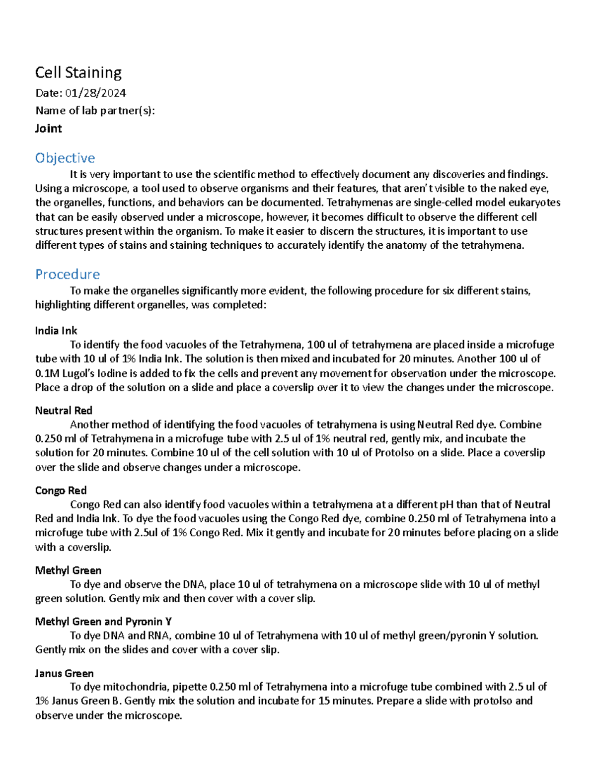 Cell staining Lab report- Google Docs - Cell Staining Date: 01/28/ Name ...