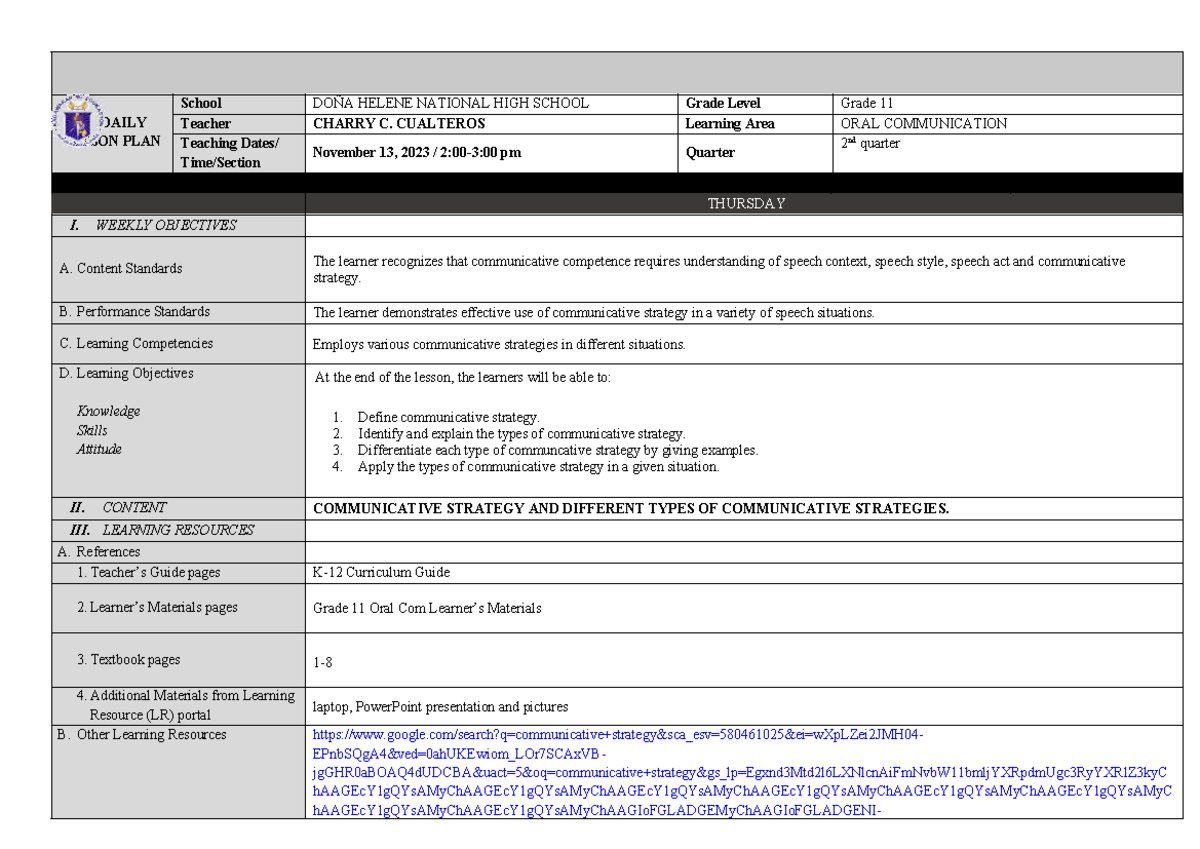 Communicative strategy lesson plan - DAILY LESSON PLAN School DOÑA ...