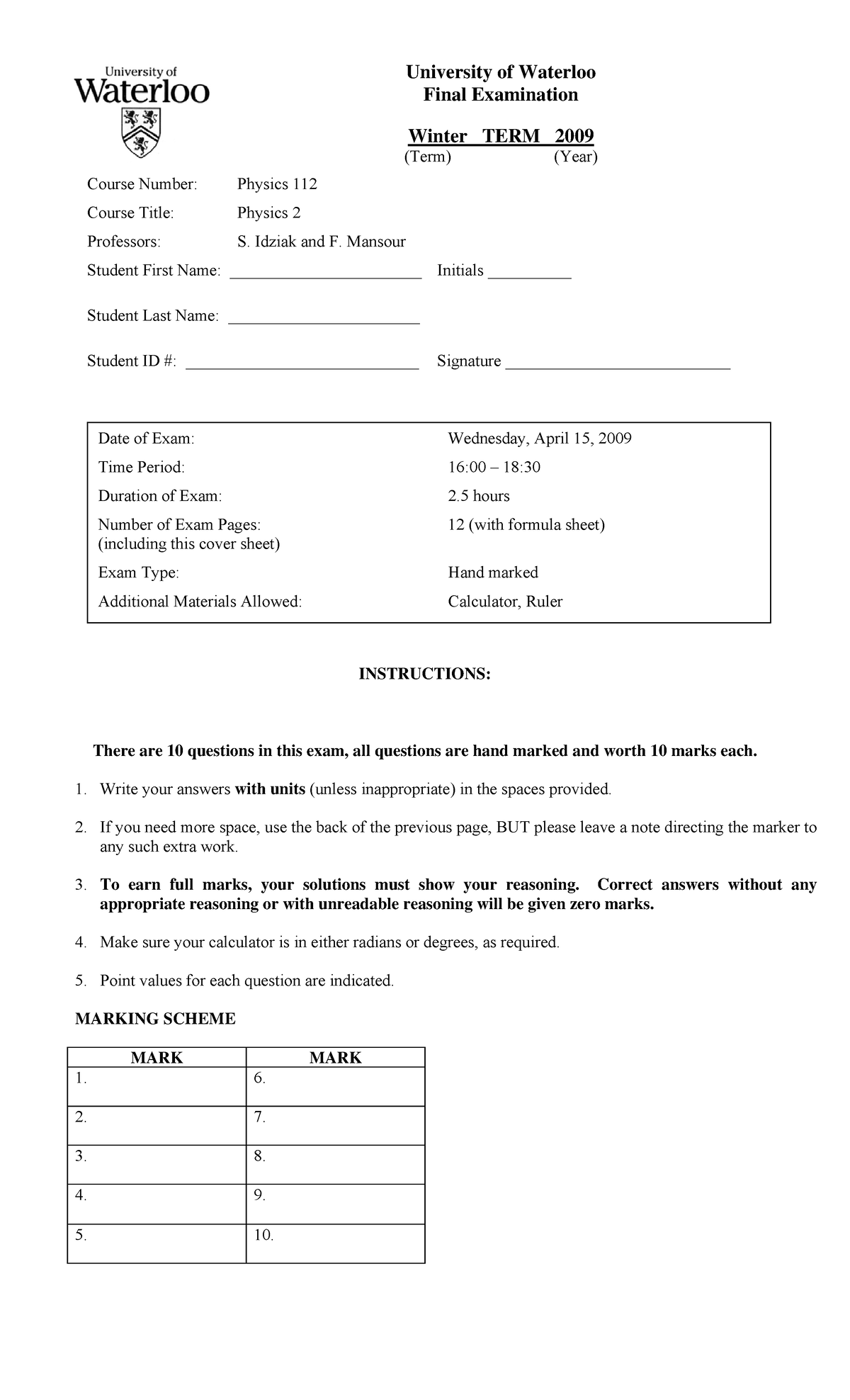 Final Exam 2009, questions - University of Waterloo Final Examination ...