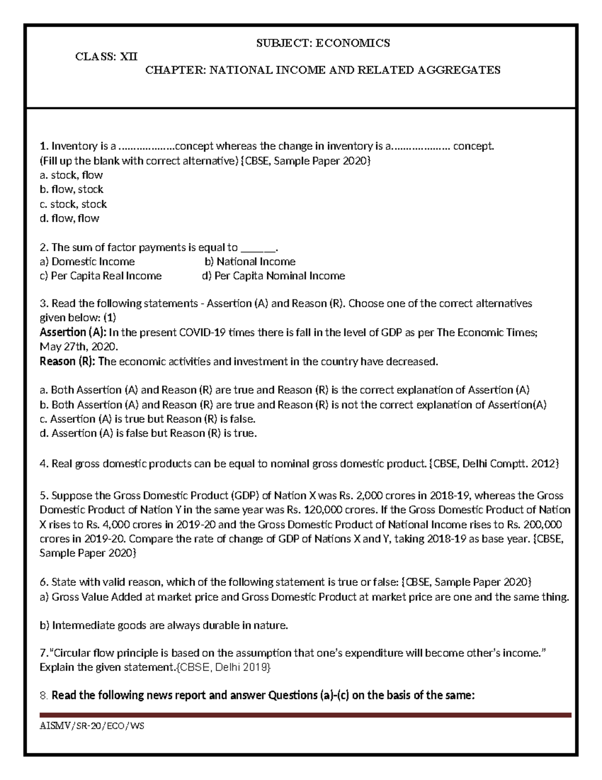 National Income AND Related Aggregates Level-3 - SUBJECT: ECONOMICS ...