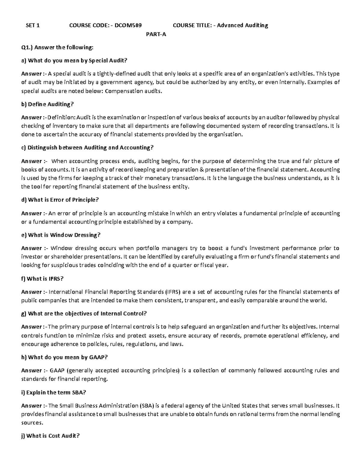 Advanced auditing - SET 1 COURSE CODE: - DCOM509 COURSE TITLE ...