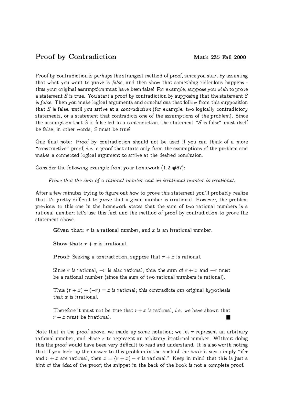 Proof of Contradiction - You start a proof by contradiction by ...