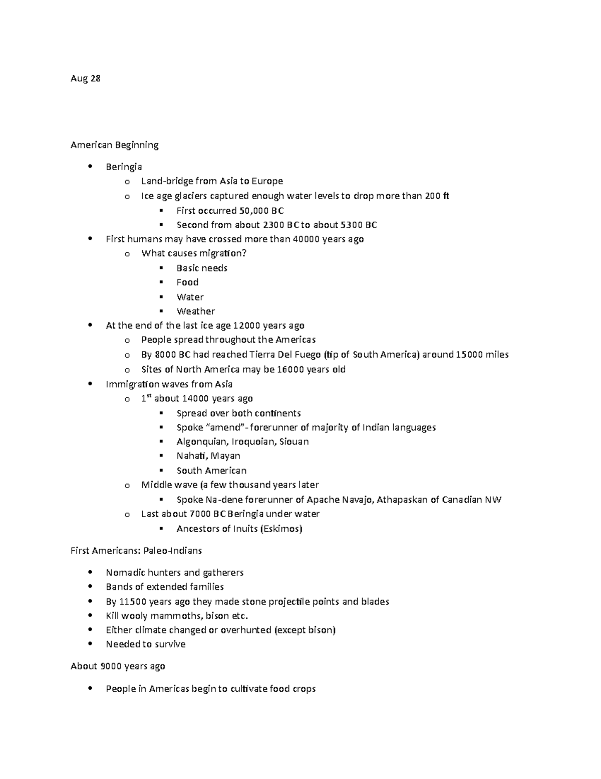 Aug 28 - Lecture notes 1 - Aug 28 American Beginning Beringia o Land ...