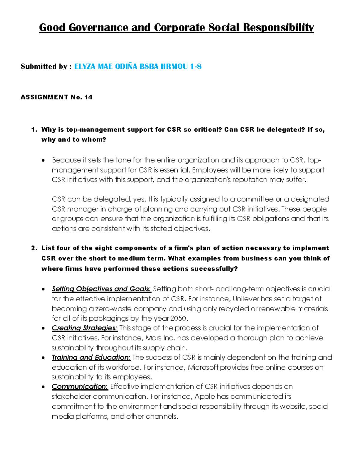 BUMA- Assignment-14 - ASSIGNMENT FOR BUMA - Good Governance and ...