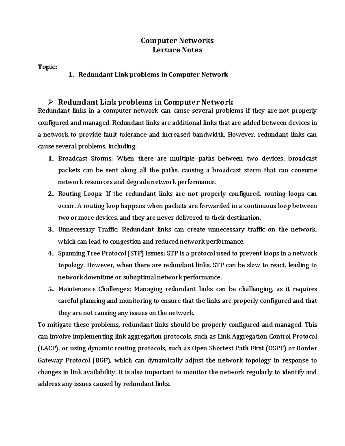 Computer Networks Redundant Link Problems In Computer Network Computer Networks Lecture