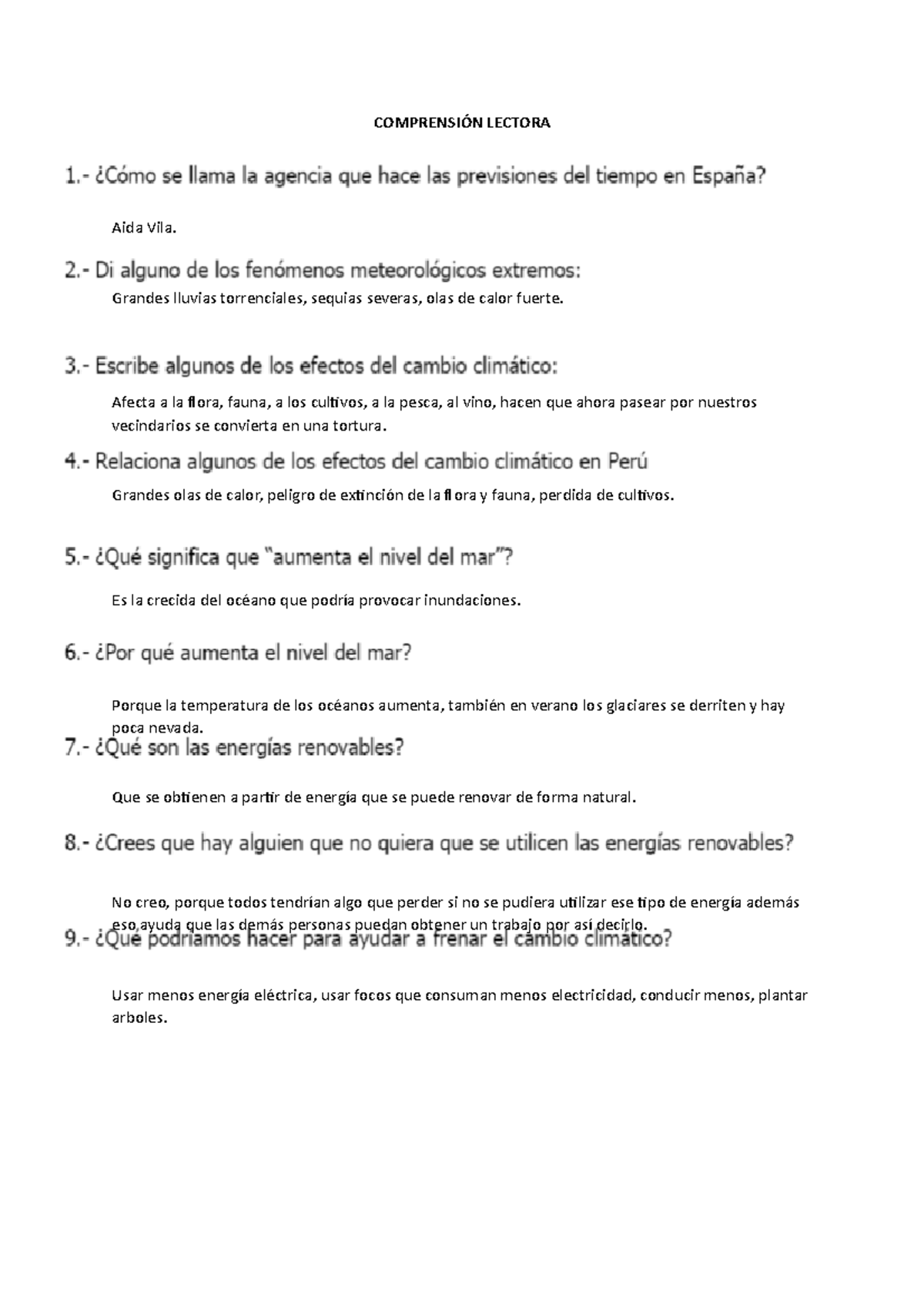 EL Cambio Climatico - si les sirve - COMPRENSIÓN LECTORA Aida Vila ...