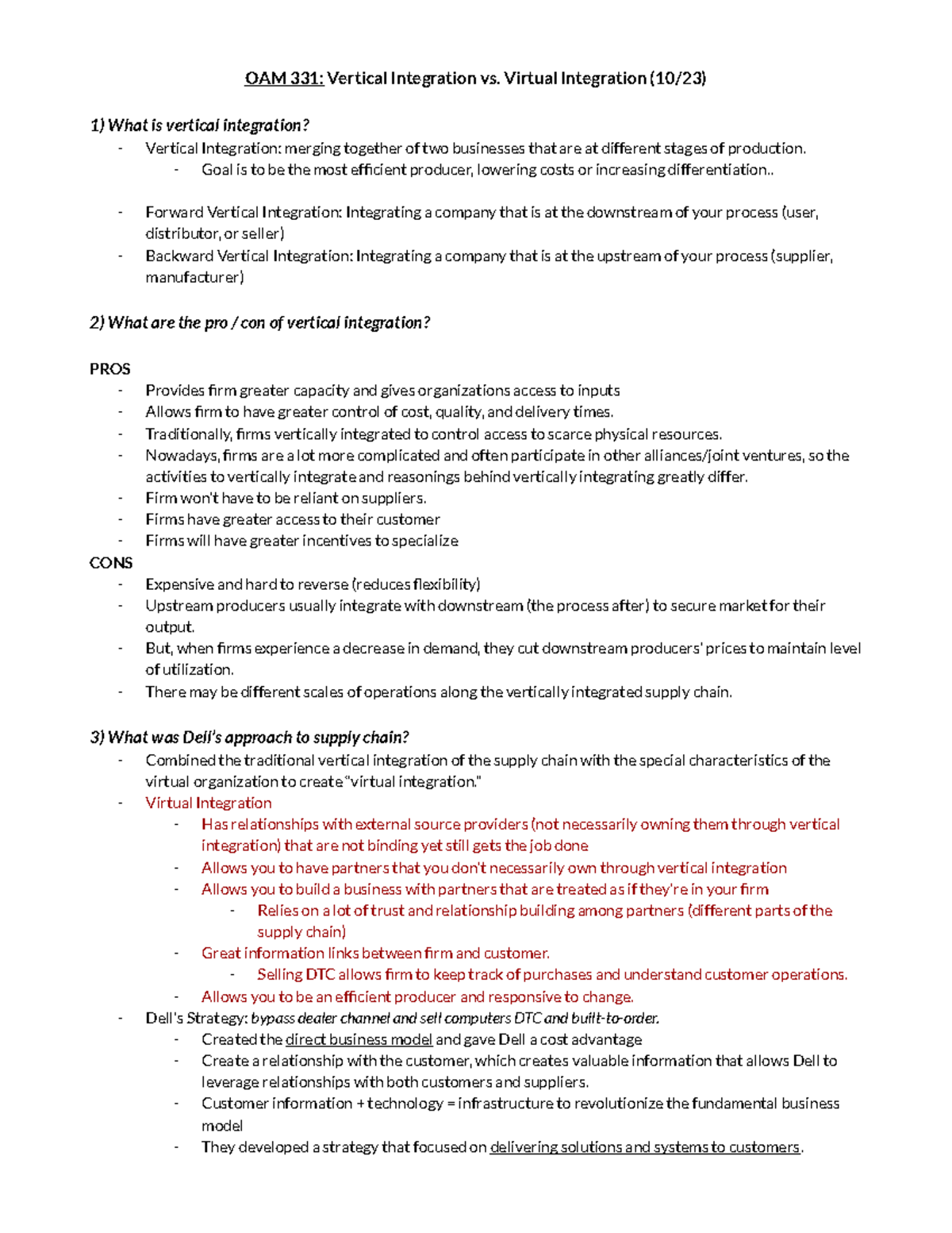 OAM 331 Vertical Integration vs. Virtual Integration - OAM 331 ...