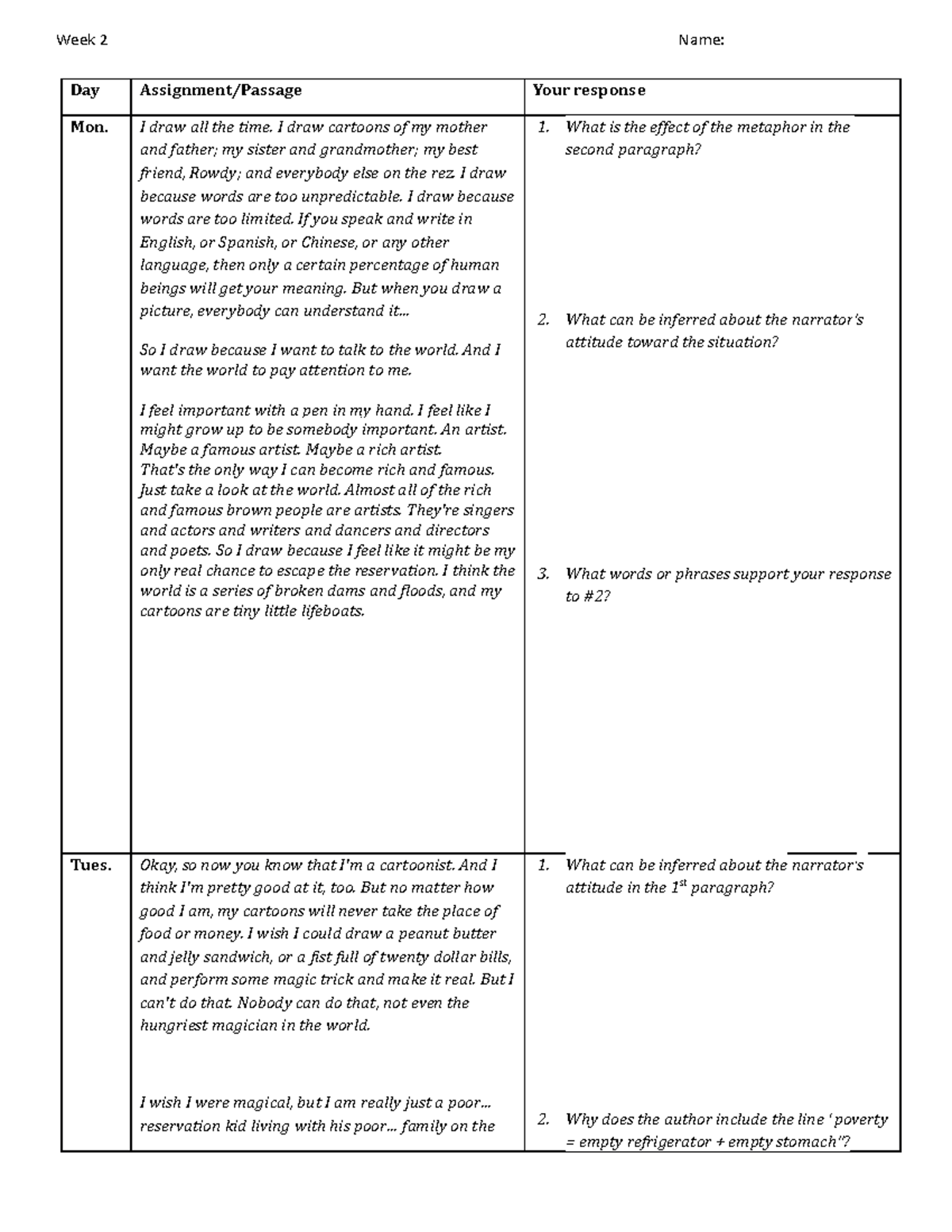 Qijhan -English 2 Bellringers Week 2 - Week 2 Name: Day Assignment ...