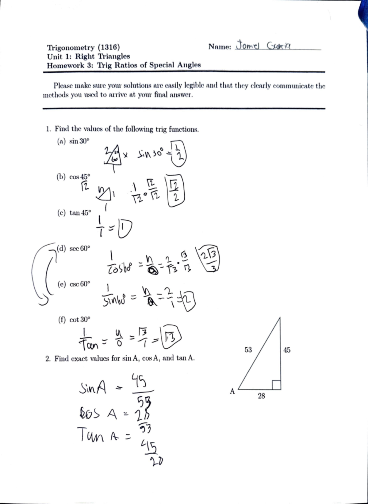 Homework 3 for trig - 'frigonon1etry {1316) Nn1ne: jOrn'ci G-