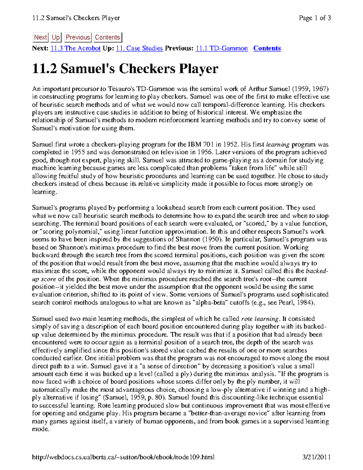 Samuel - Next: 11 The Acrobot Up: 11. Case Studies Previous: 11 TD ...