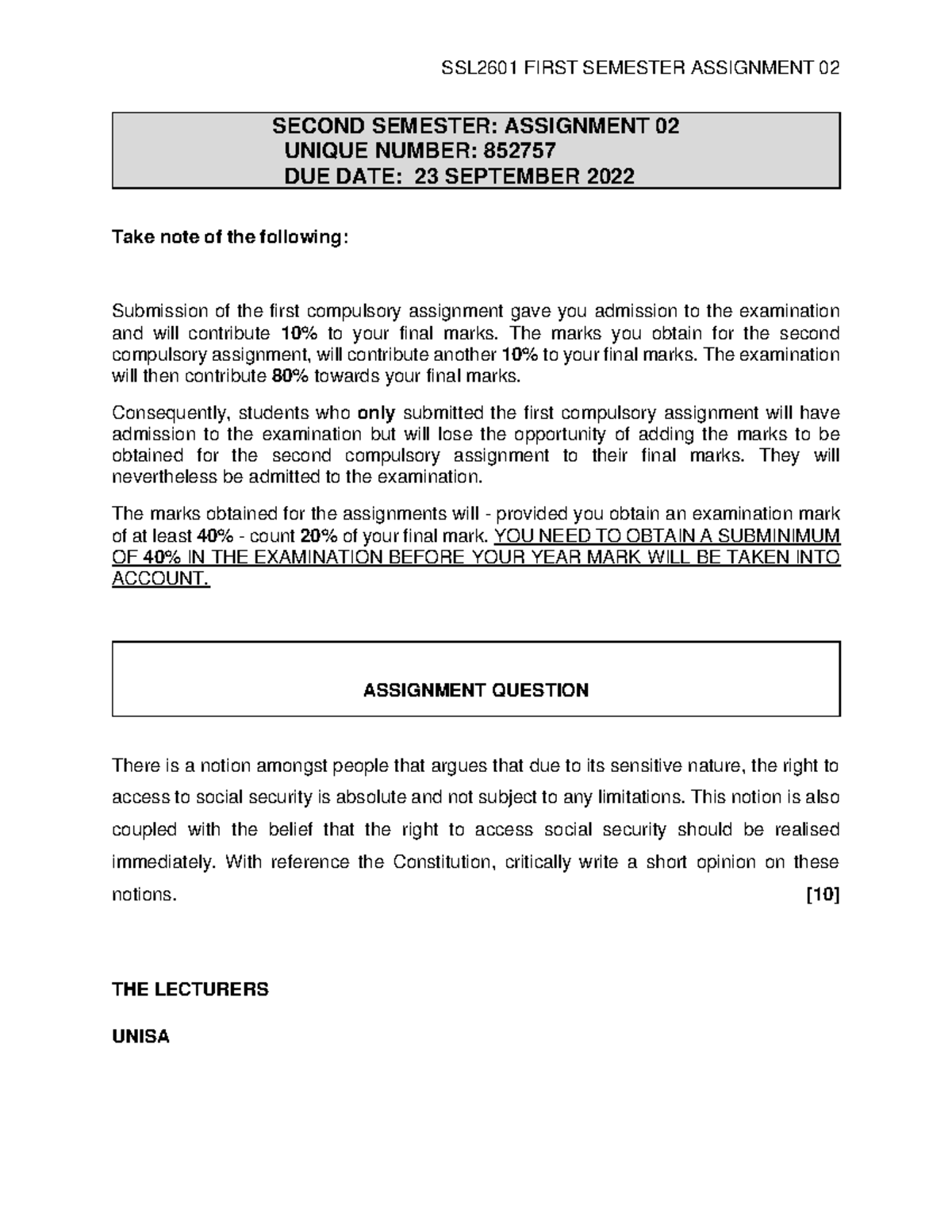 SSL 2601 Assignment 2 - CAME OUT WITH VERY GOOD MARKS OUT OF THIS ...