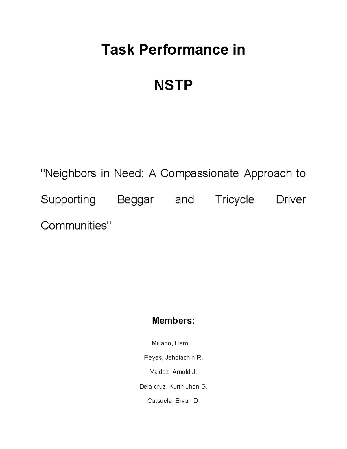 Task Performance in nstp - Information Technology - Task Performance in NSTP "Neighbors in - Studocu