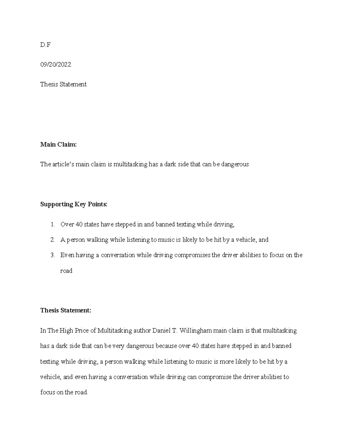 4-3 Assignment Identifying Thesis Statement - D 09/20/ Thesis Statement ...