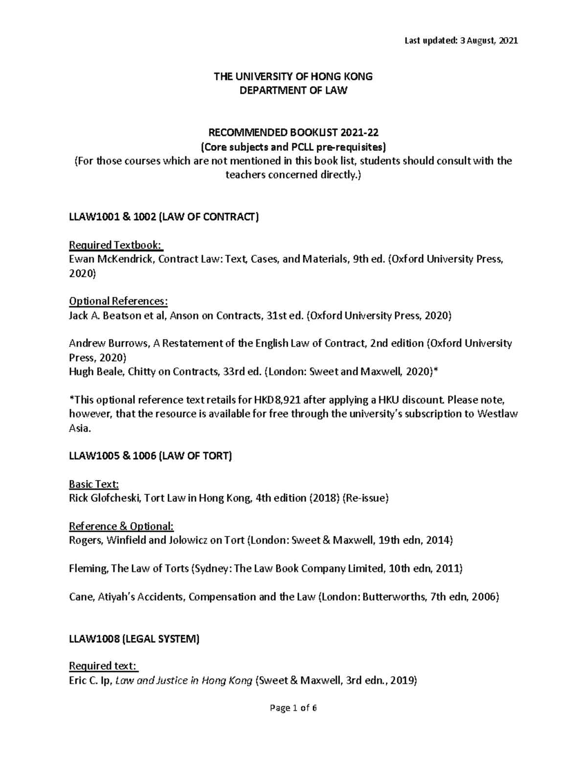 Law booklist - Required reading for Law - THE UNIVERSITY OF HONG KONG ...