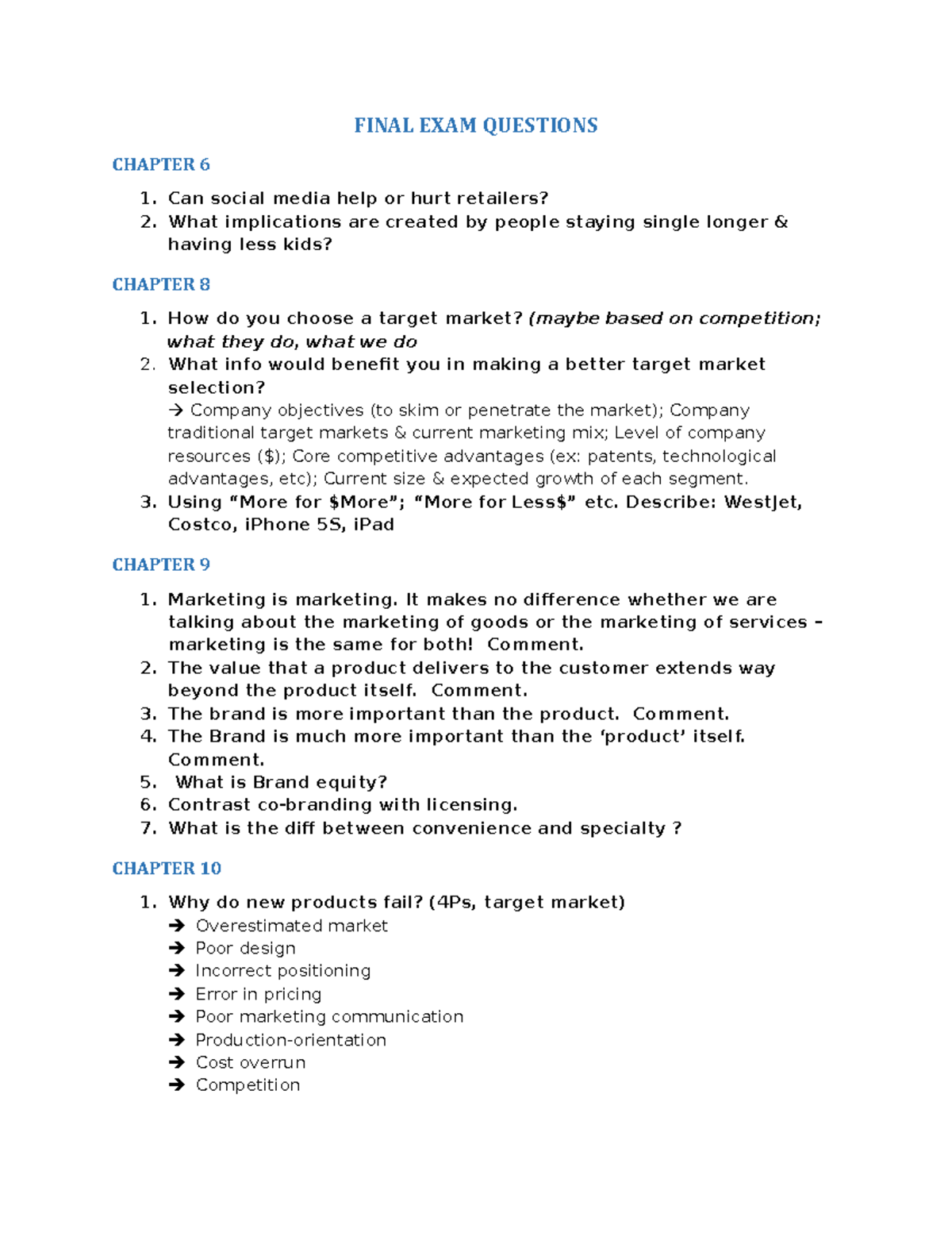 MARK 201 Final Exam Questionsss - FINAL EXAM QUESTIONS CHAPTER 6 Can ...