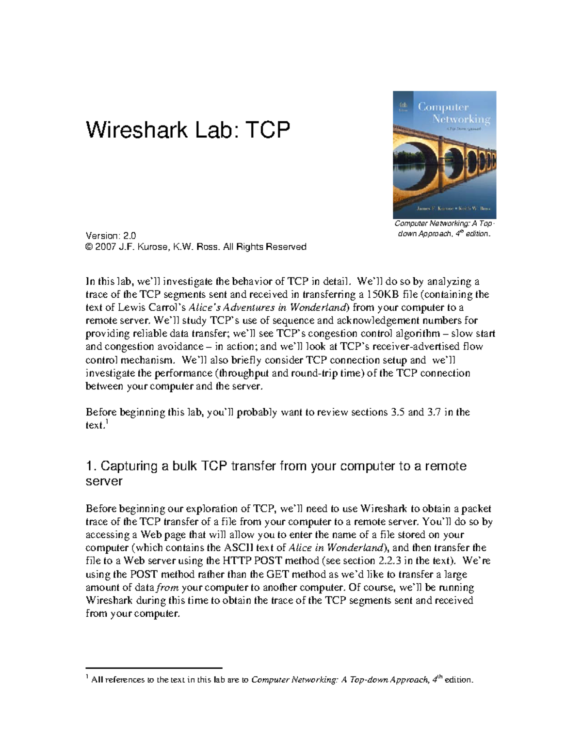 4 Wireshark Tcp Wireshark Lab Tcp Version 2 © 2007 J Kurose K