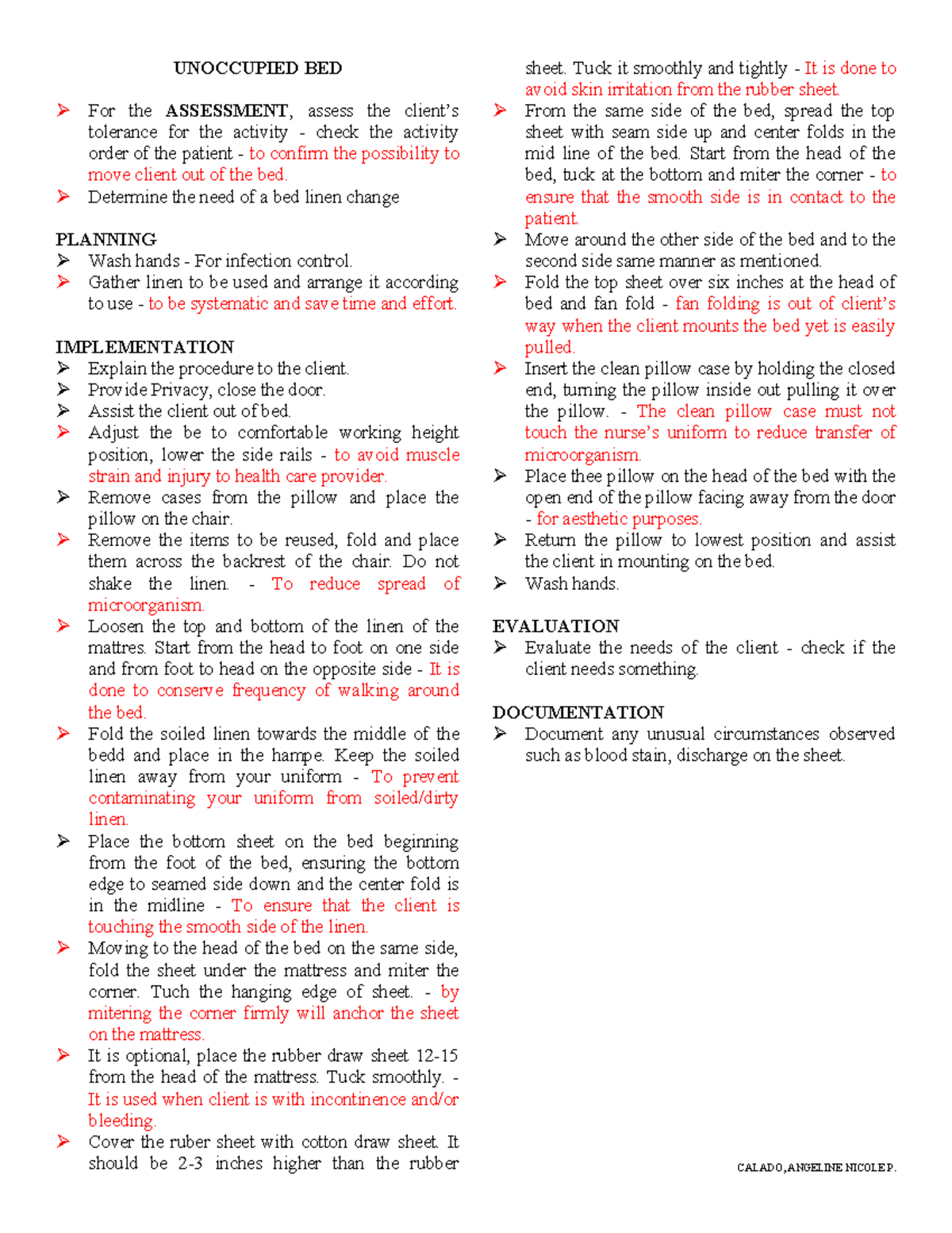 Unoccupied BED - UNOCCUPIED BED For the ASSESSMENT, assess the client’s ...