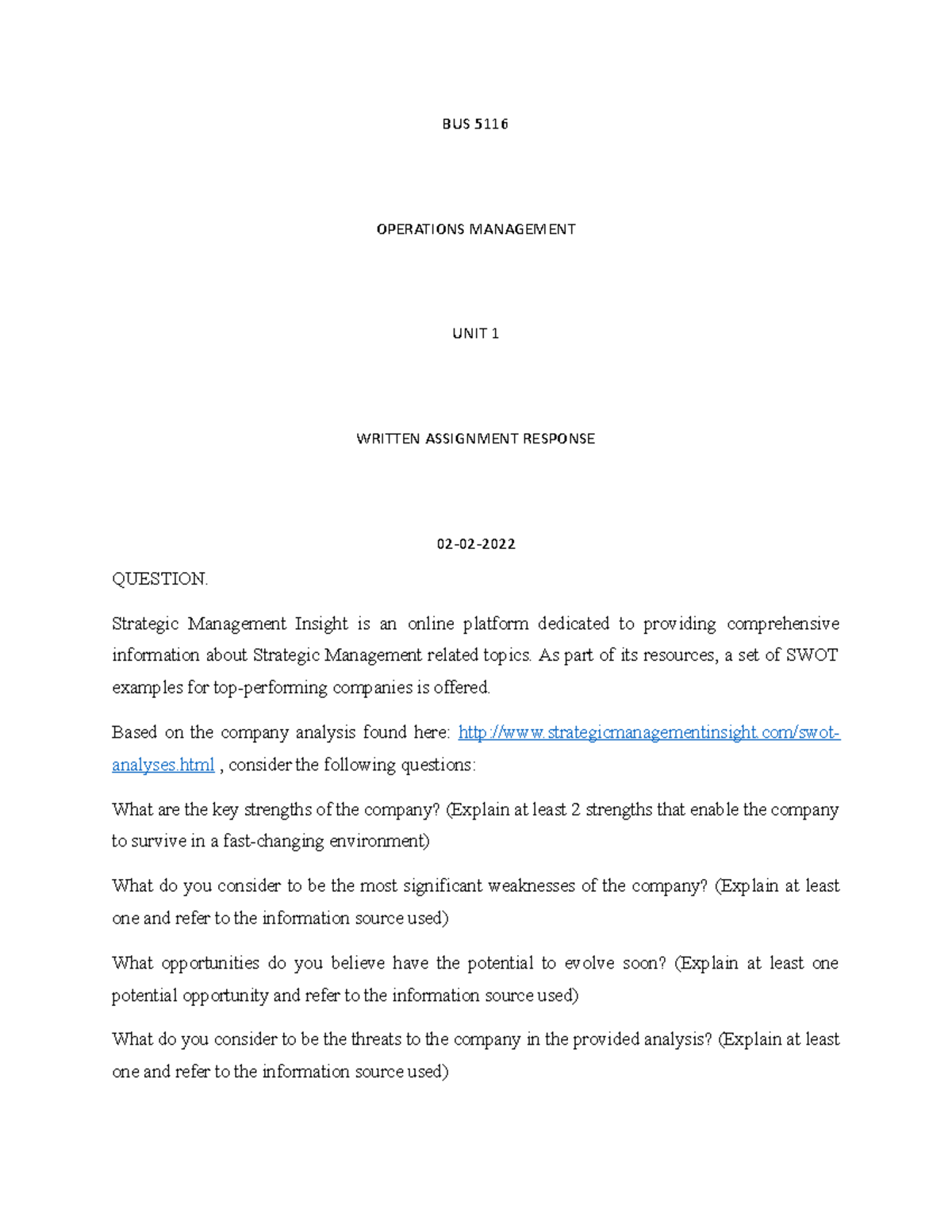 BUS 5116 UNIT 1 Written Assignment - BUS 5116 OPERATIONS MANAGEMENT UNIT 1 WRITTEN ASSIGNMENT ...