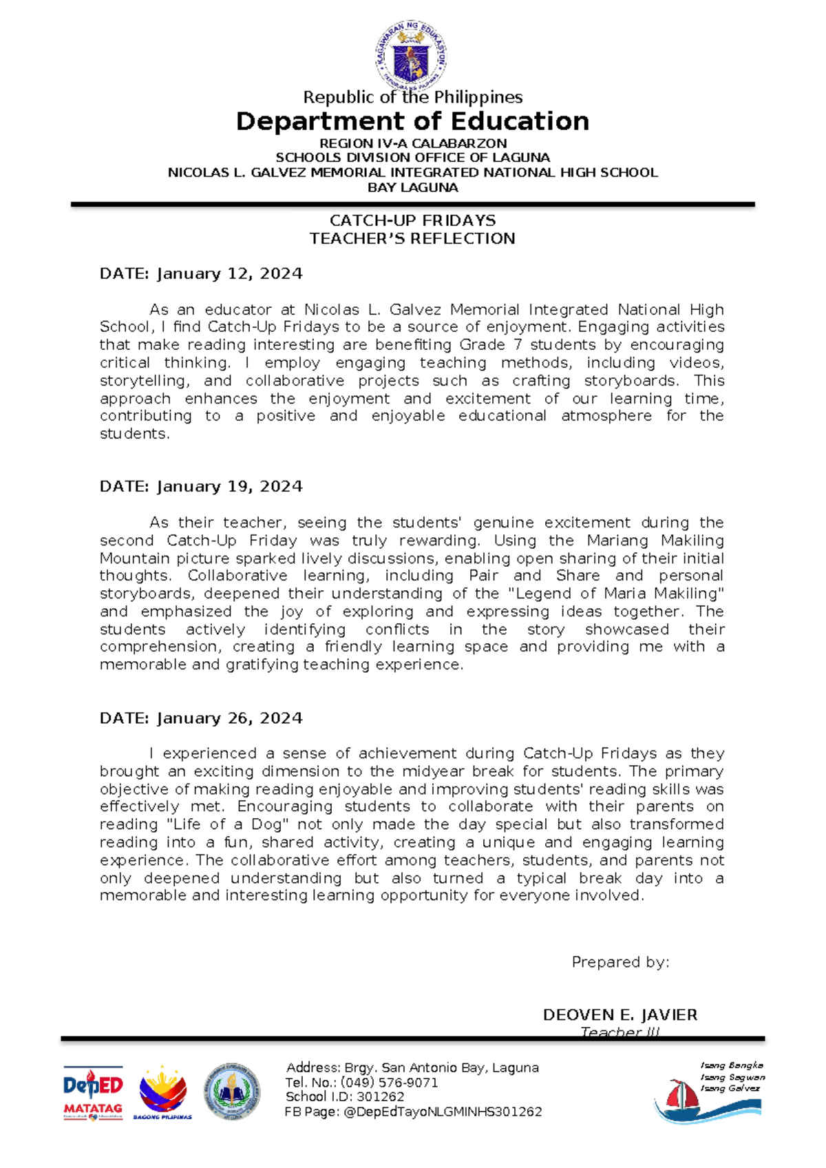 Teachers Reflection Catch UP Fridays - Isang Bangka Isang Sagwan Isang ...